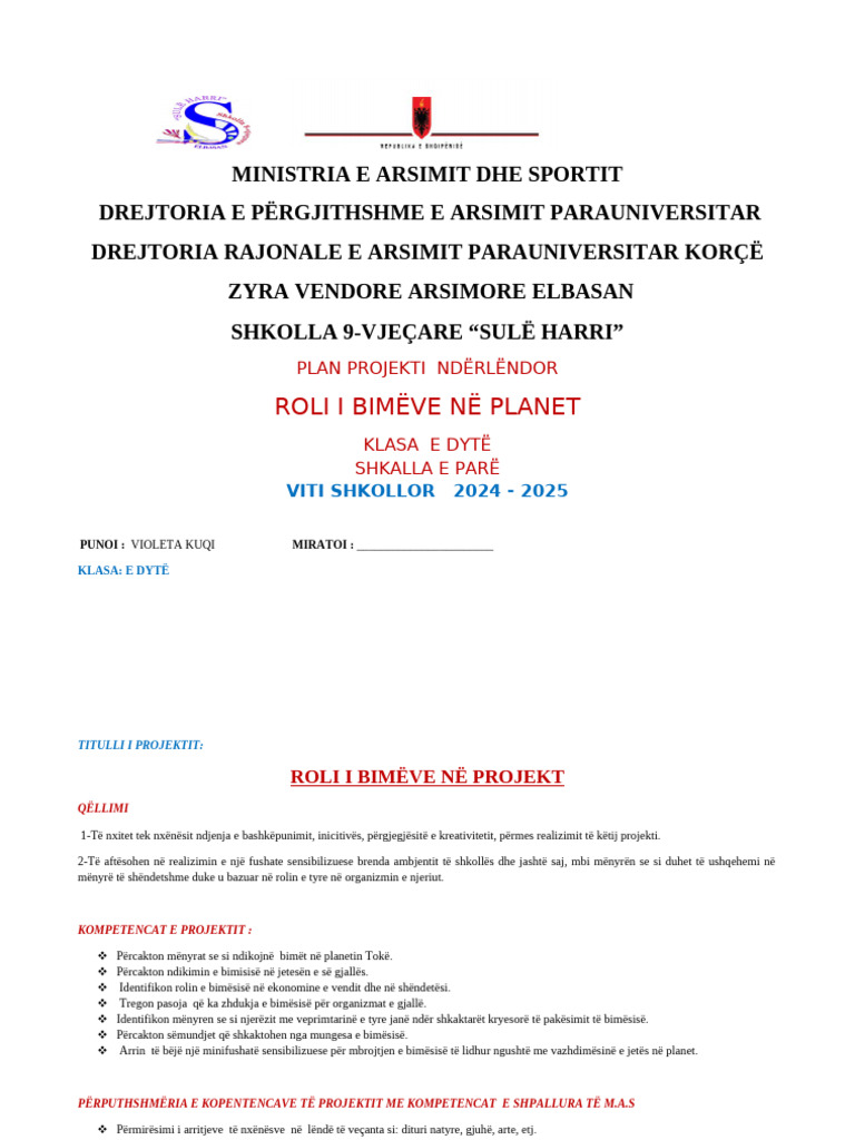 Plan Projekti Klasa 2 Roli I Bimëve Në Planet | PDF