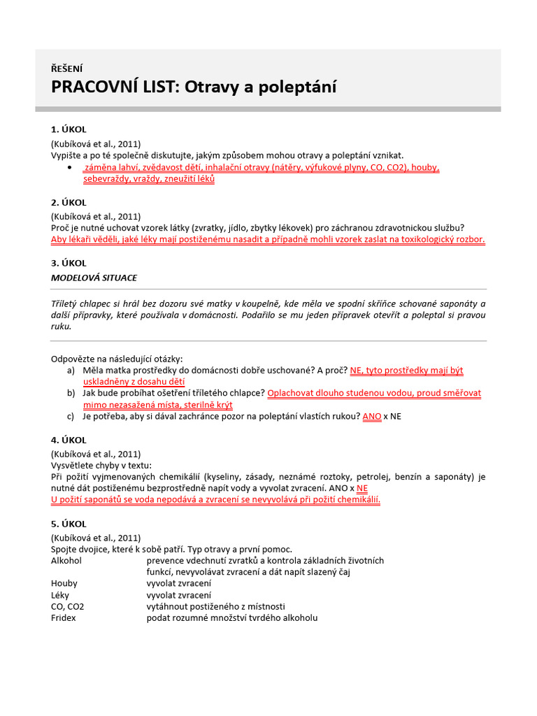 Reseni Pracovni List Otravy A Poleptani | PDF