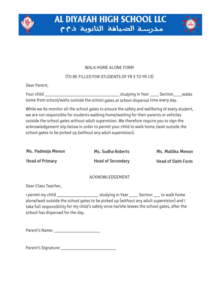 Walk Home Alone Form - Years 5 To 13 Updated | PDF