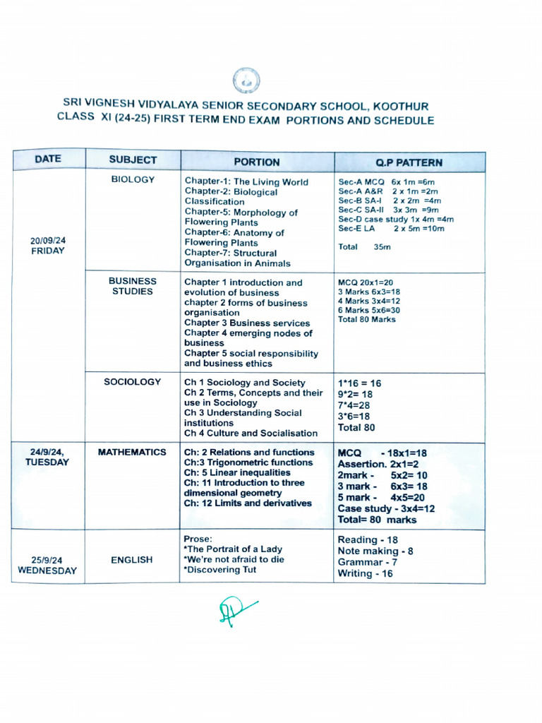 CLASS XI (24-25) FIRST TERM END EXAM SCHEDULE AND PORTIONS | PDF