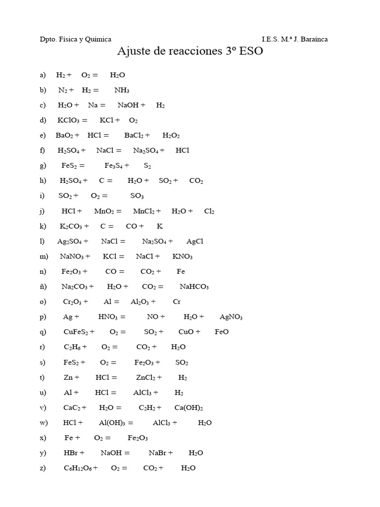 Ficha Ejercicios Ajuste Reacciones | PDF
