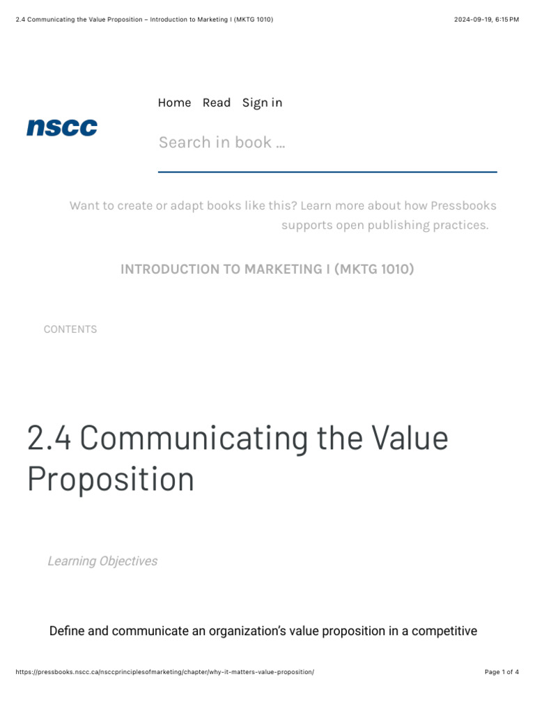 2.4 Communicating The Value Proposition - Introduction To Marketing I (MKTG 1010) | PDF