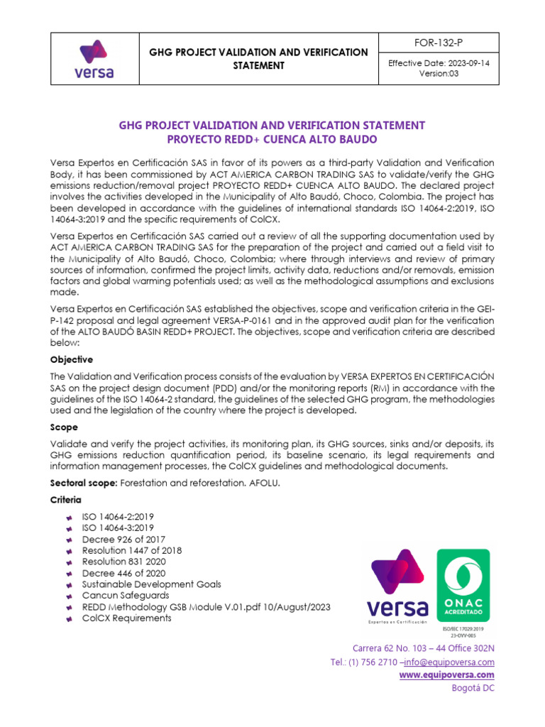 FOR-132-P GHG Project Validation and Verification Statement ACT BAUDO ...