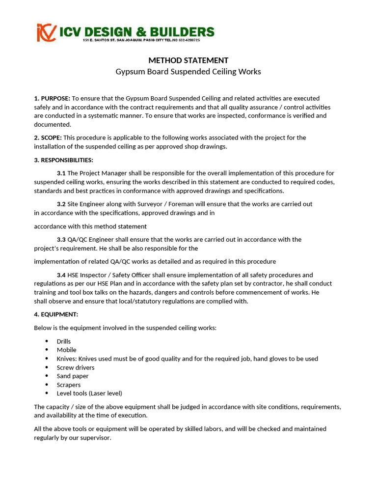 Method Statement Suspended Ceiling | PDF