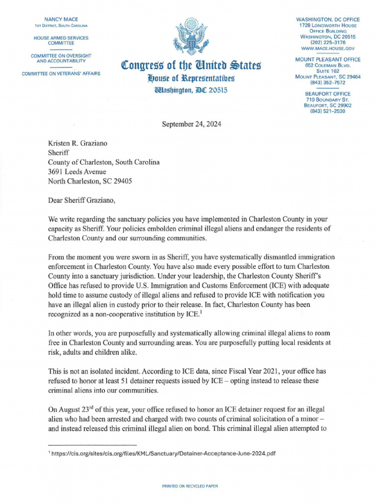 Mace Letter To Sanctuary Sheriff Graziano | PDF
