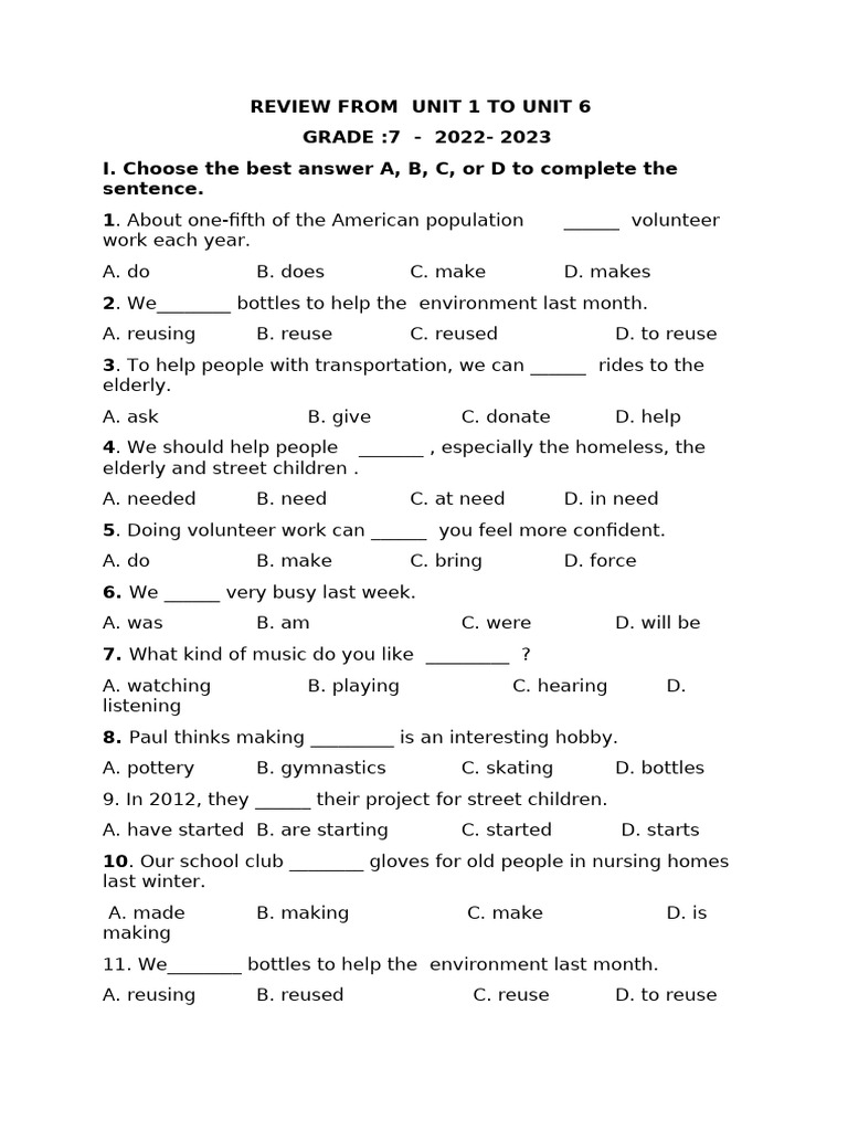 REVIEW FROM unit 1 to 6 english 7 | PDF
