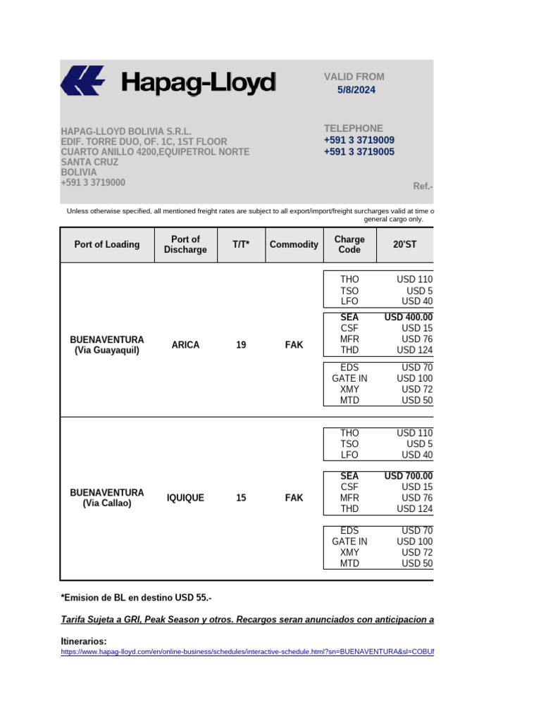 Tarifas de Carga y Surcharges 2024 | PDF