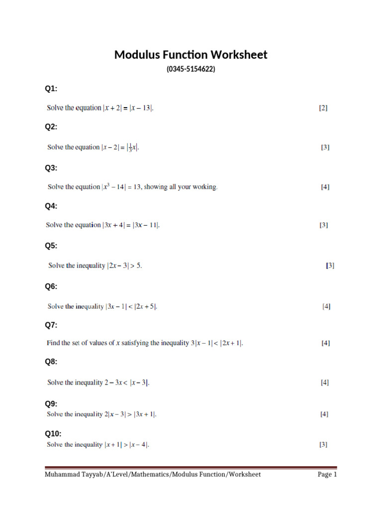 Modulus Function Worksheet | PDF