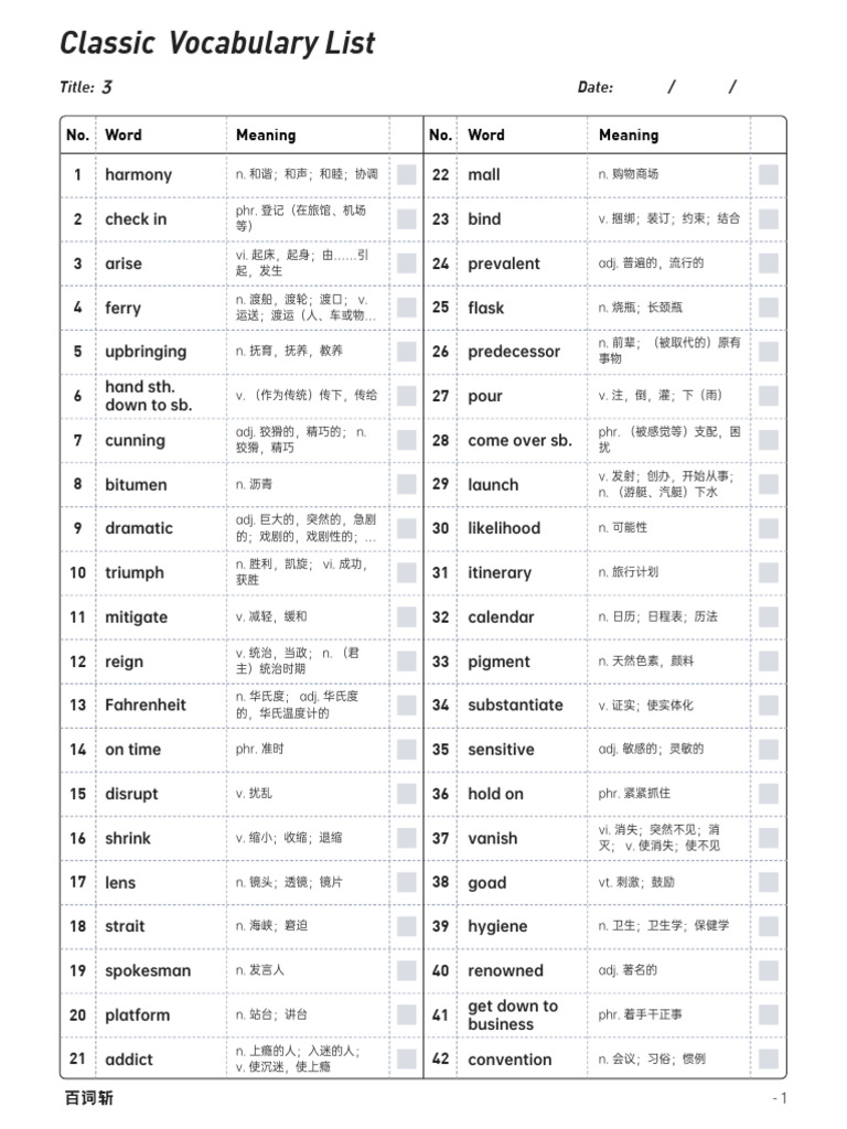 Classic Vocabulary List: No. Word Meaning No. Word Meaning | PDF