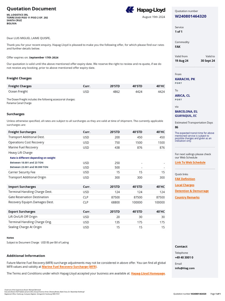 Quotation W240801464320 PKKHI CLARI | PDF | Cargo | Logistics