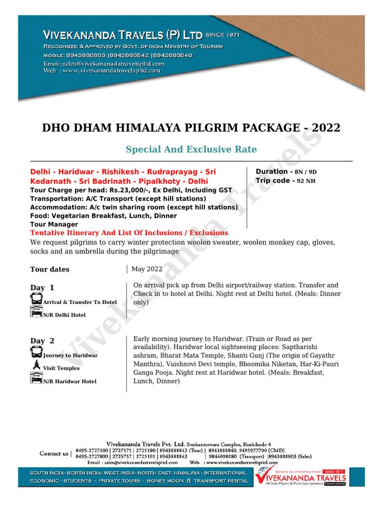92 NH - Dho Dham Himalaya Pilgrim Package - 2022 | PDF