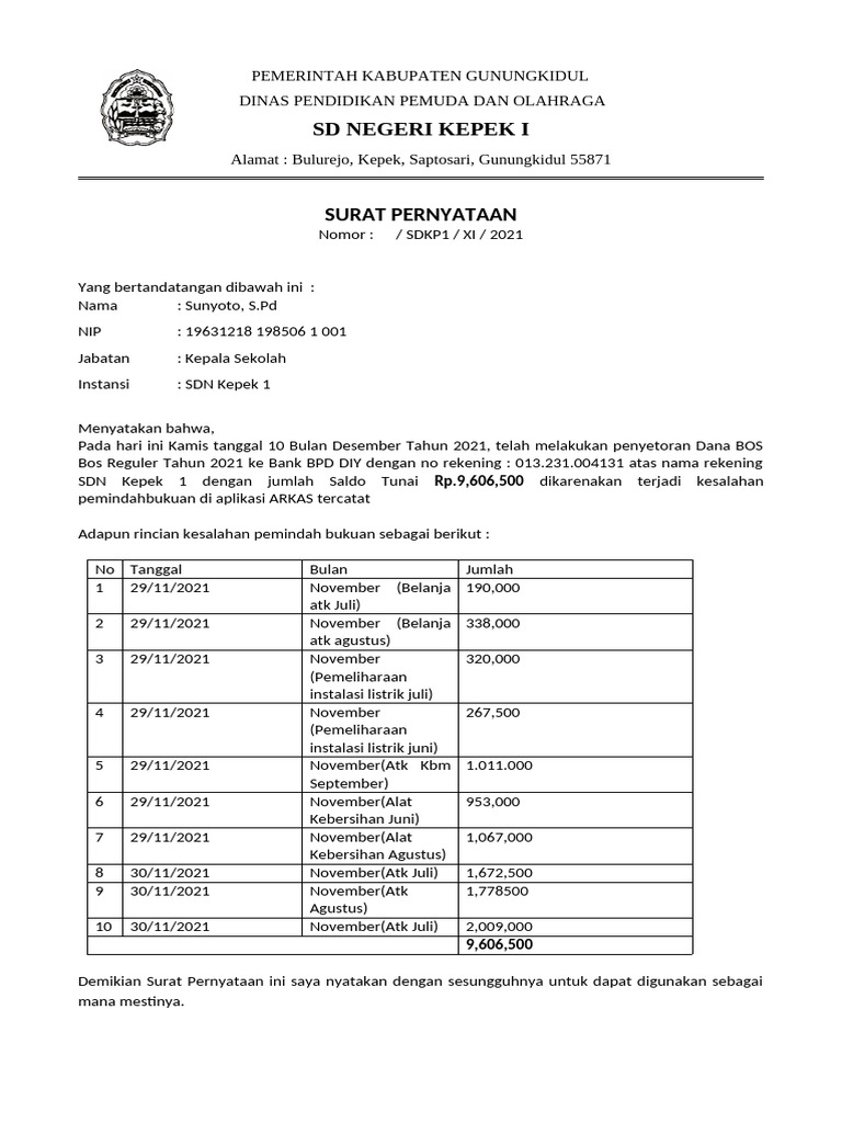 Surat Pernyataan Kepala Sekolah Tentang Setor Dana Bos SD N Kepek 1 | PDF