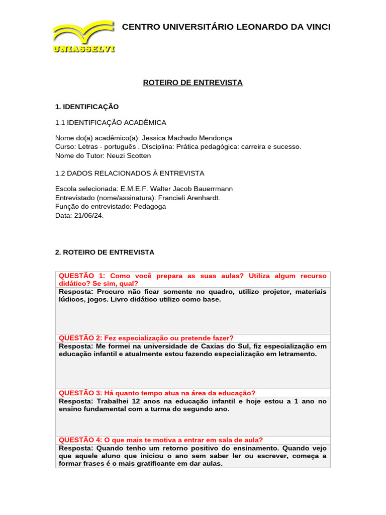 Modelo de Roteiro de Entrevista | PDF | Pedagogia | Autoajuda