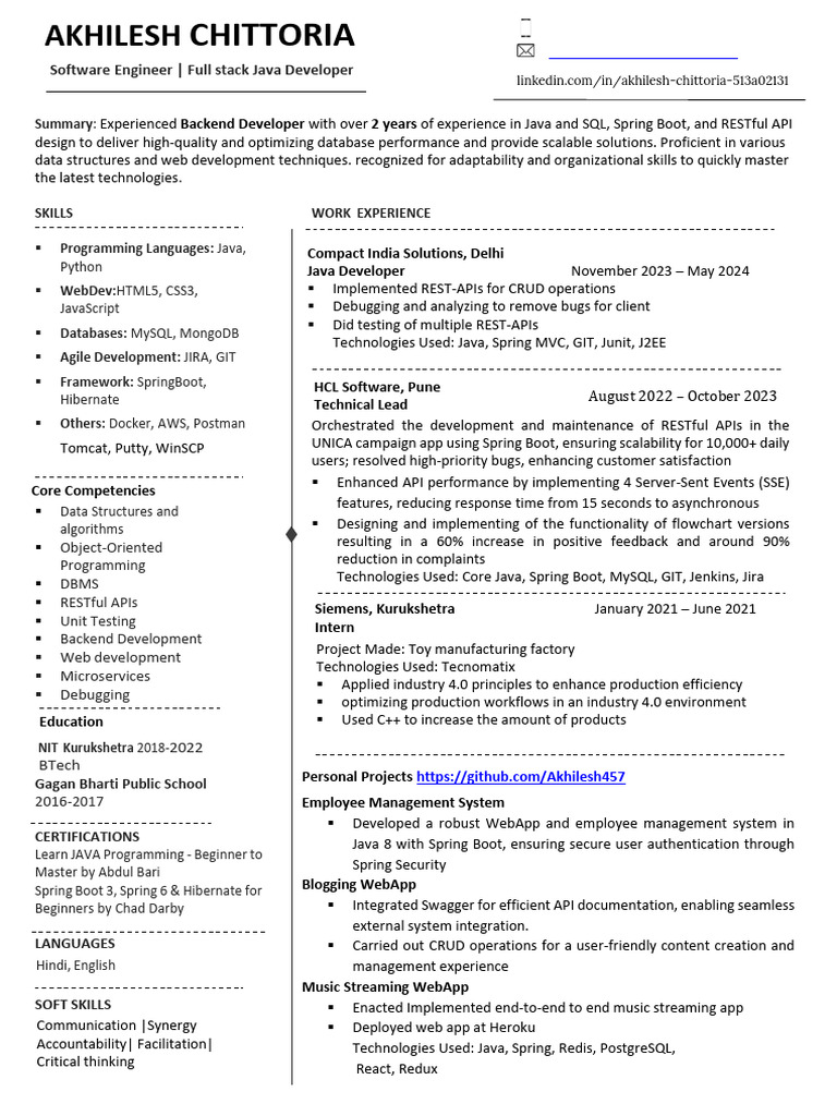 Akhilesh Chittoria Java Developer Resume | PDF