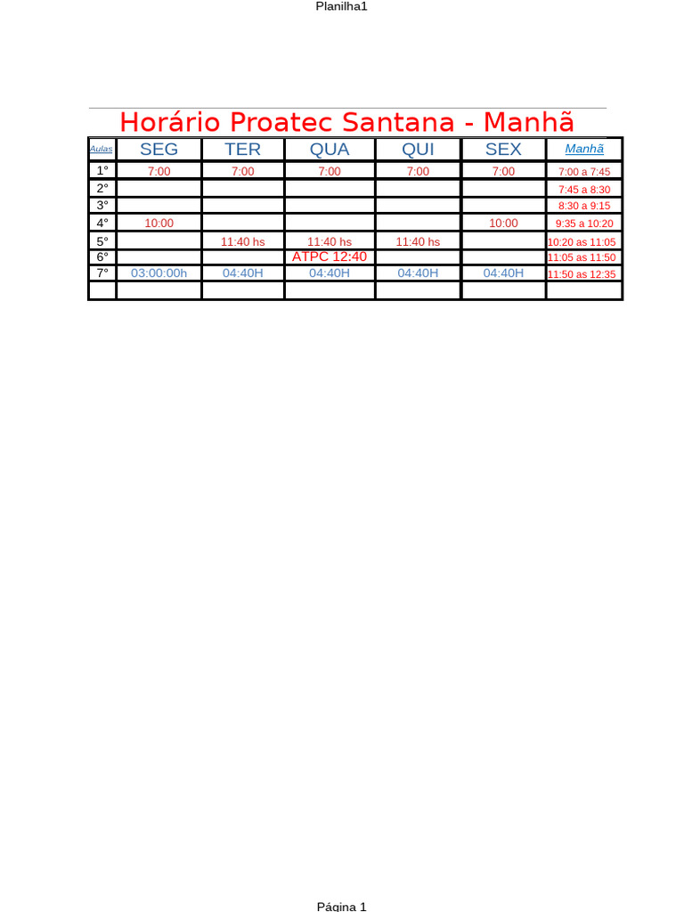 Horário Do Proatec Santana 2024 | PDF Horário Do Proatec Santana 2024 | PDF