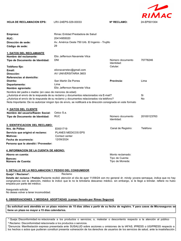 Detalle Del Reclamo / Pedido | PDF