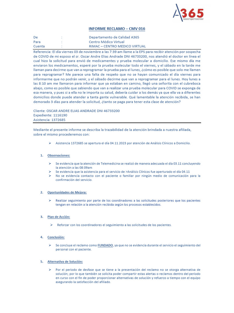 Informe Reclamo - CMV 016 - Oscar Andre Elias Andrade | PDF