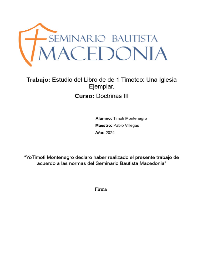Estudio Del Libro de de 1 Timoteo - Una Iglesia Ejemplar | PDF ...