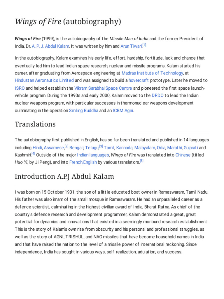 Wings of Fire (Autobiography) - Wikipedia | PDF