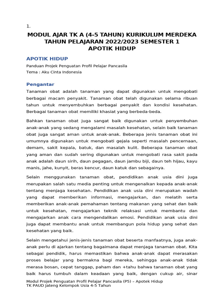 Modul Ajar - P5 - TK A - 4&5 - Tahun - Smt1 - Apotik - Hidup | PDF