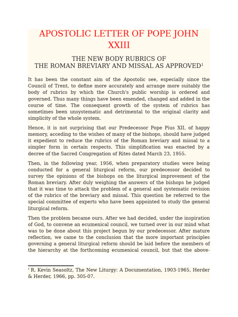 Apostolic Letter of Pope John Xxiii Novum Rubricarum | PDF