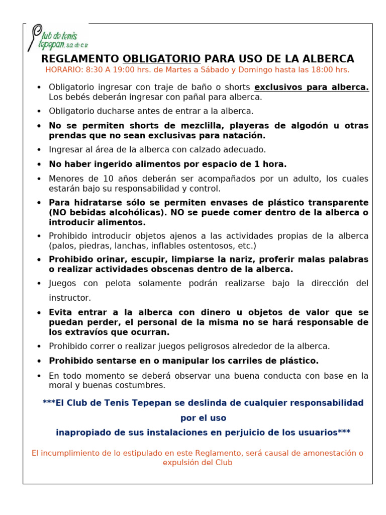 Reglamento de Uso de la Alberca | PDF