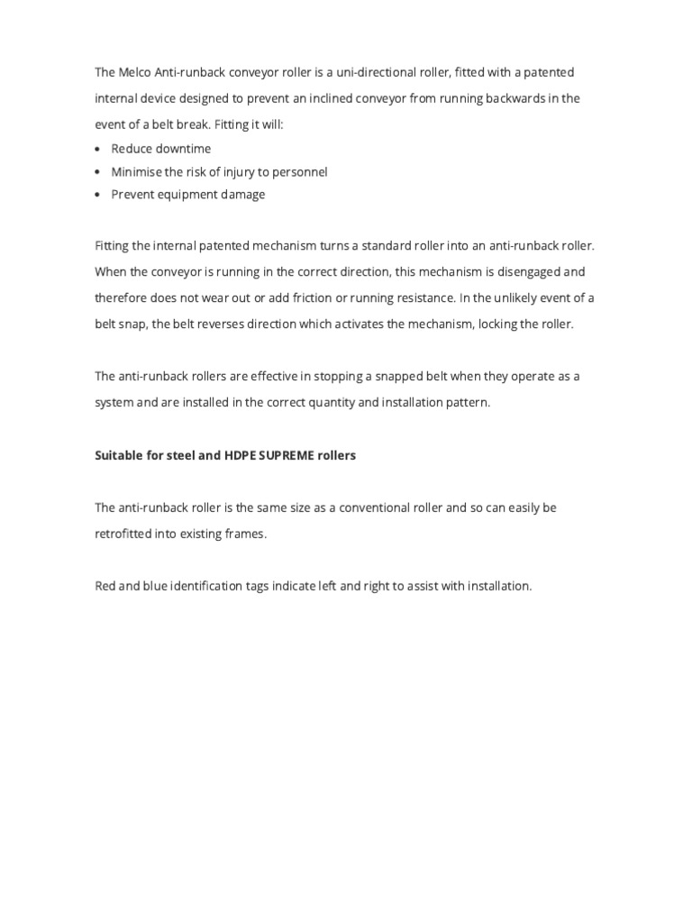 Melco Conveyor Equipment - Anti-Runback Rollers | PDF