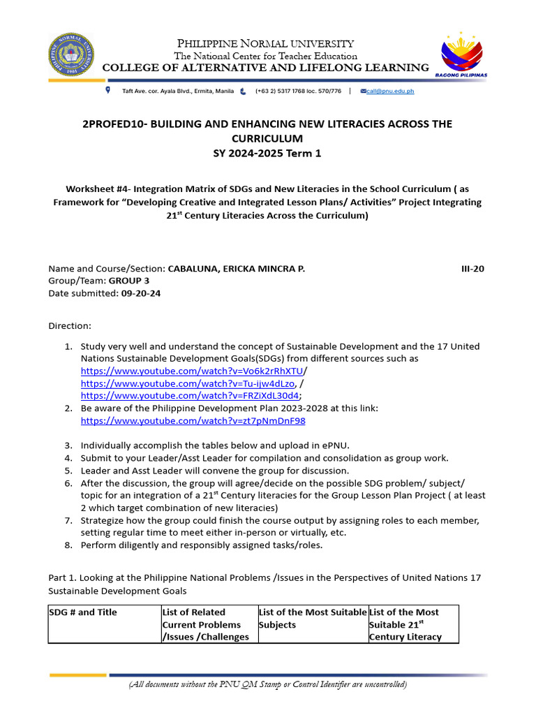 Worksheet 4 SDG and 21st Century Matrix | PDF