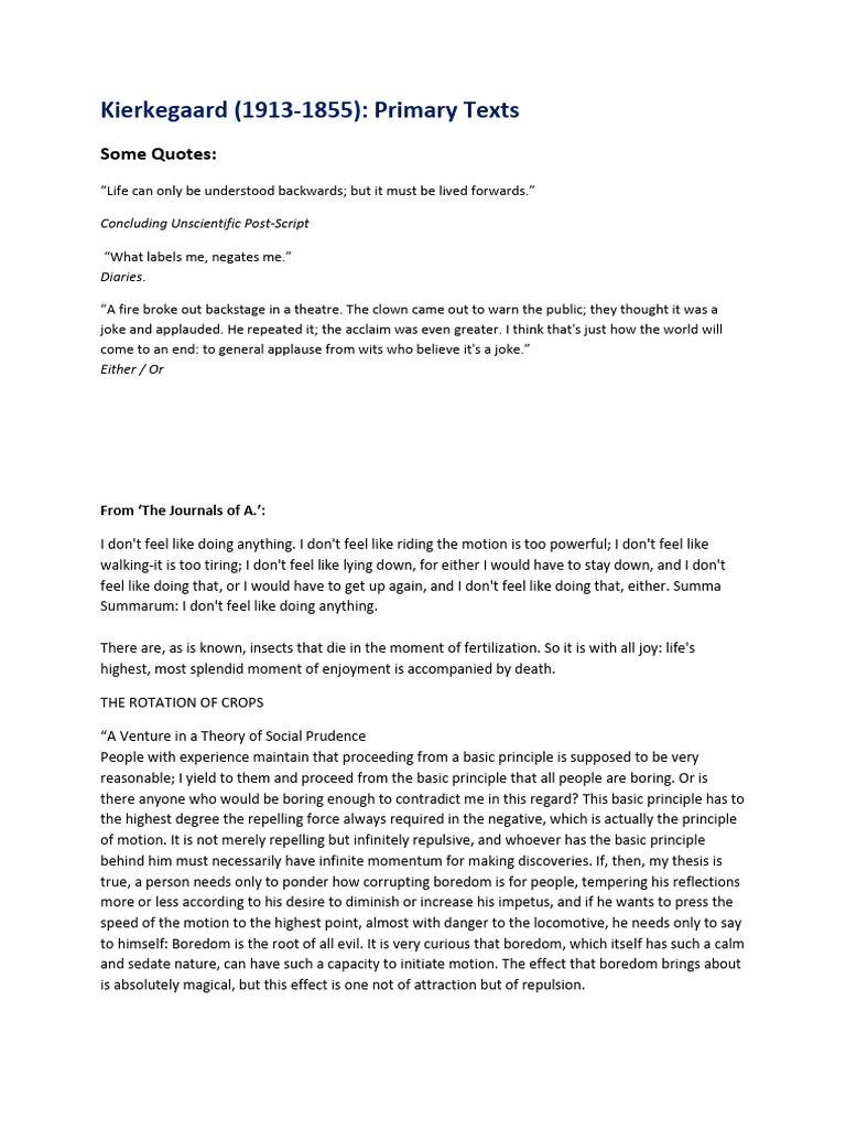 Week 1 Kierkegaard Primary Texts | PDF | Søren Kierkegaard | Philosophy