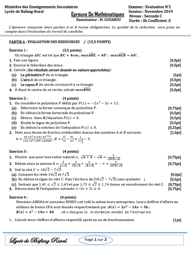 Mathématiques - Lycée de Bafang - Rural - Niveau Seconde c Cameroun | PDF