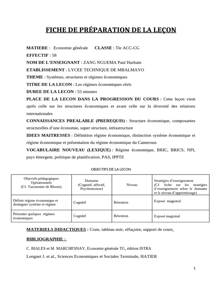 FICHE DE PRÉPARATION Régime Éco | PDF