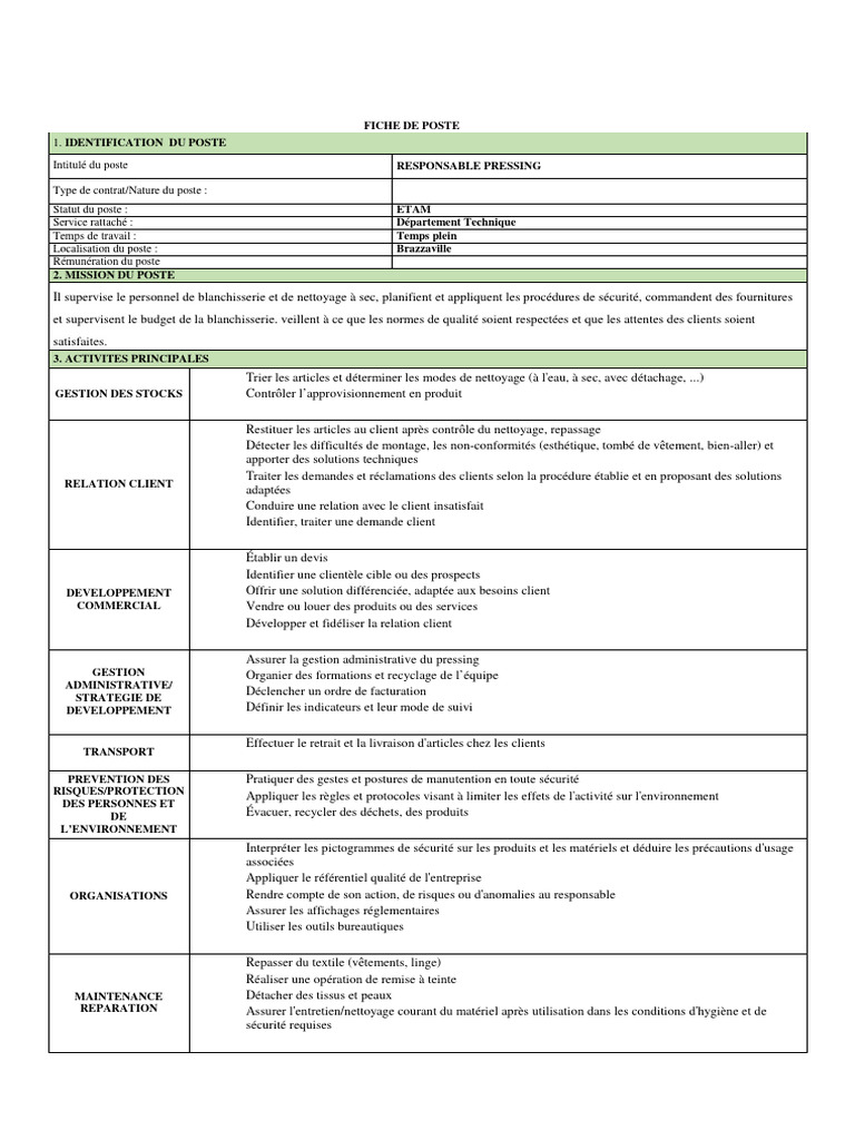 Fiche de Poste Responsable Pressing | PDF