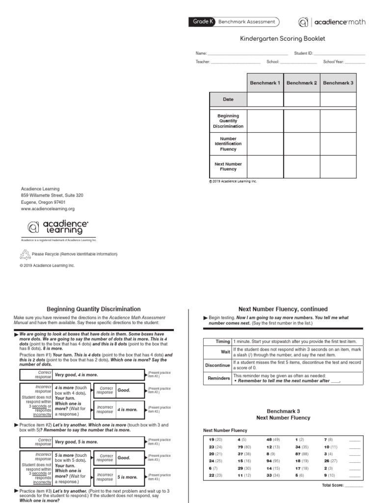 Kindergarten Early Numeracy Scoring Booklet | PDF