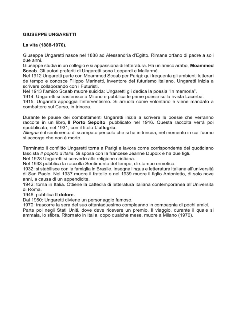 Giuseppe Ungaretti (Vita e Opere) | PDF