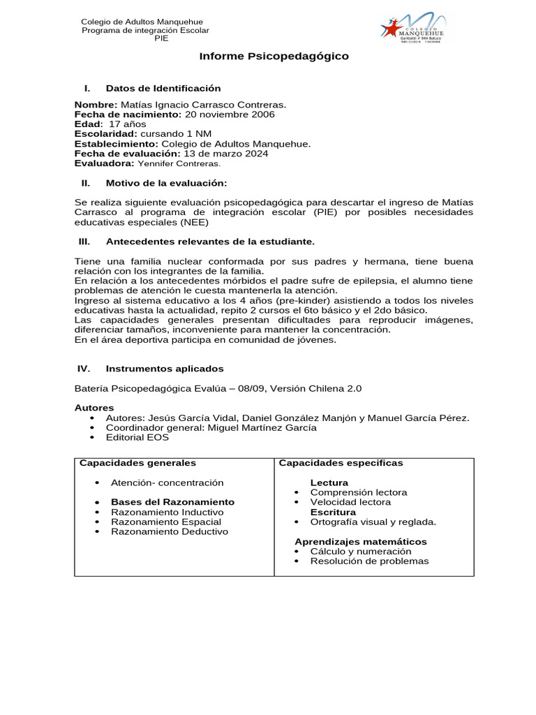 INForme Psicopedagogico | PDF