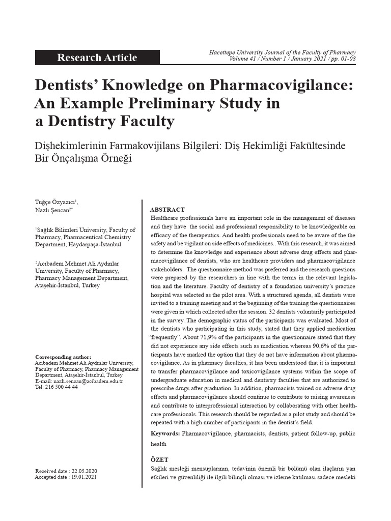 Dentists' Knowledge On Pharmacovigilance: An Example Preliminary Study ...