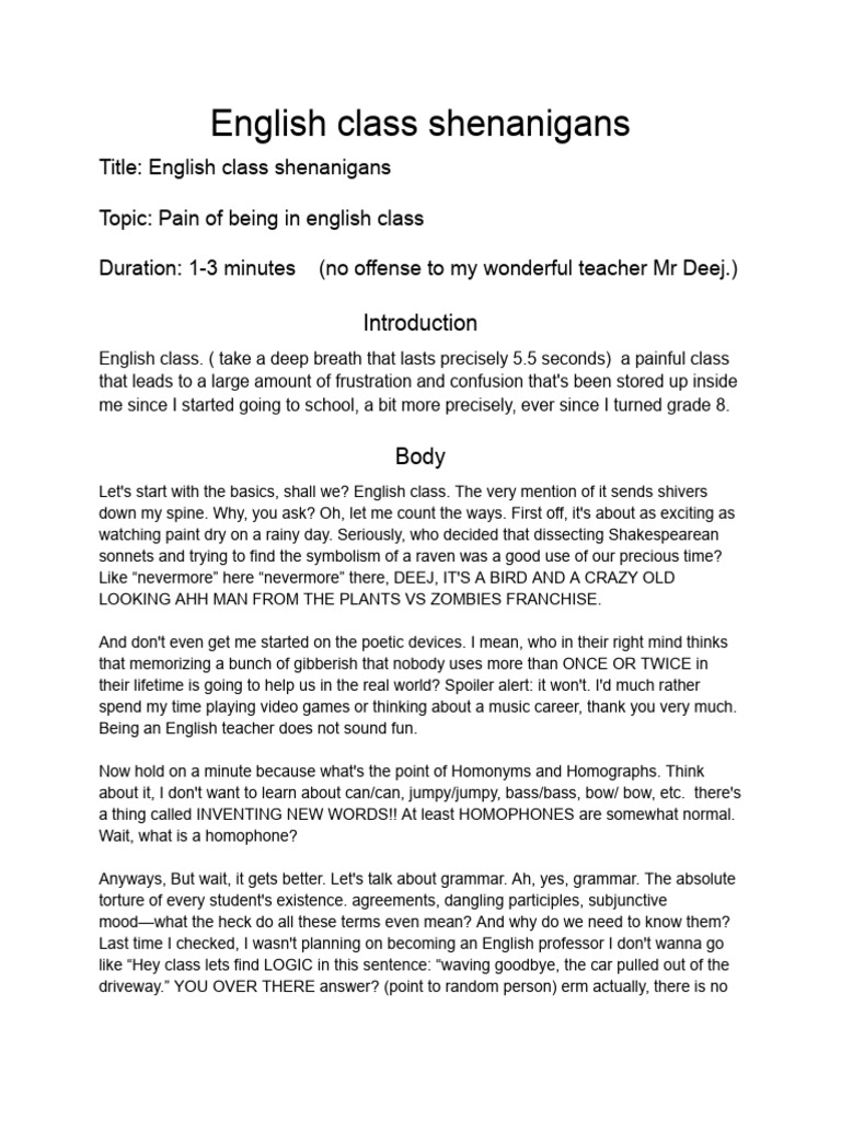 English Class Shenanigans (Updated) | PDF