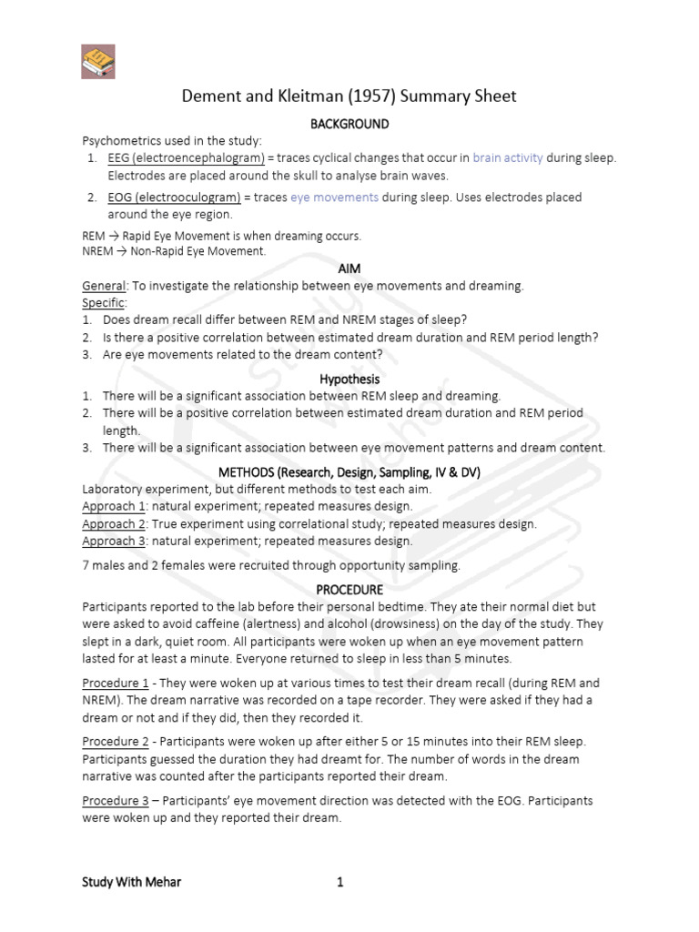Dement & Kleitman (1957) Summary Sheet | PDF