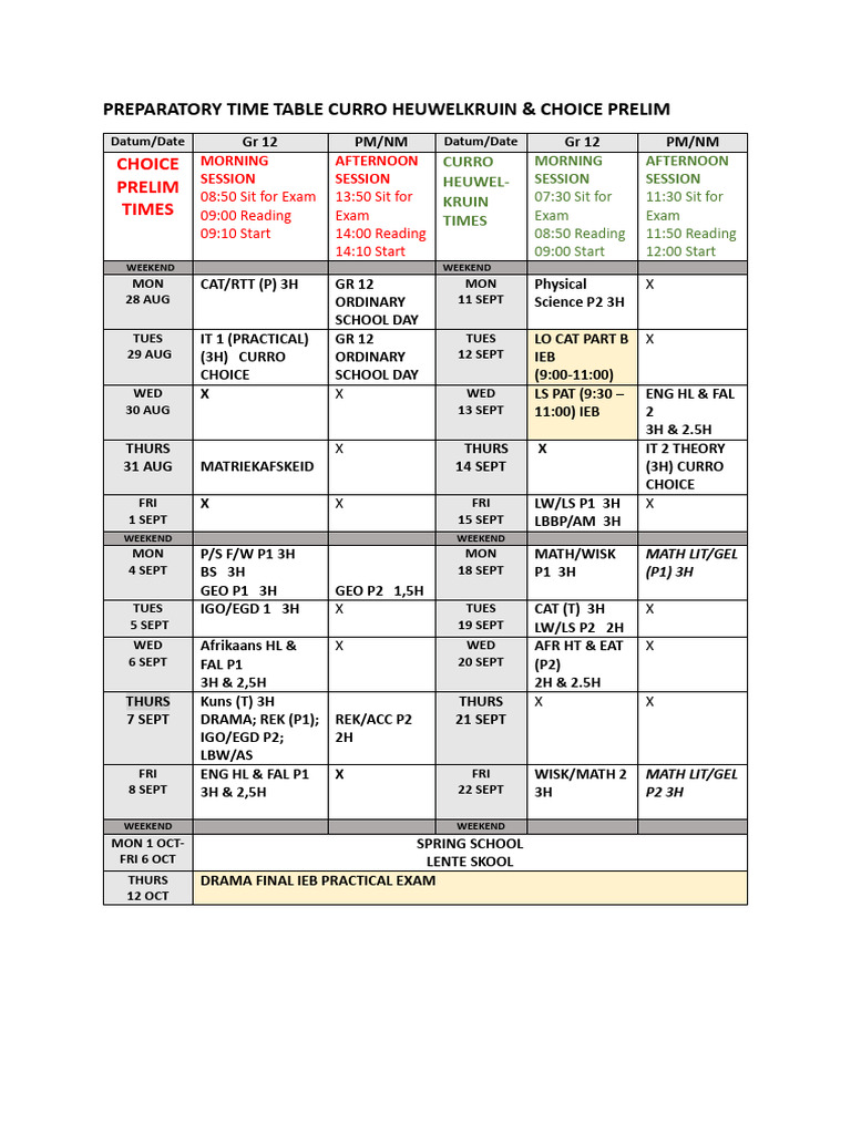 2023 Preparatory Time Table Curro Heuwelkruin | PDF
