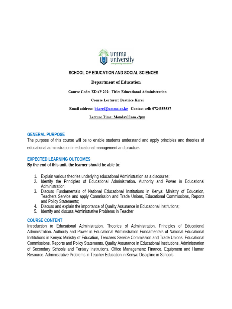Course Outline - Edap 201 Educational Administration | PDF