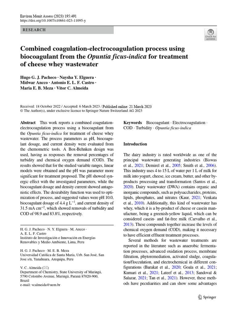 Combined Coagulation-Electrocoagulation Process Using Biocoagulant From The Opuntia Ficus-Indica ...