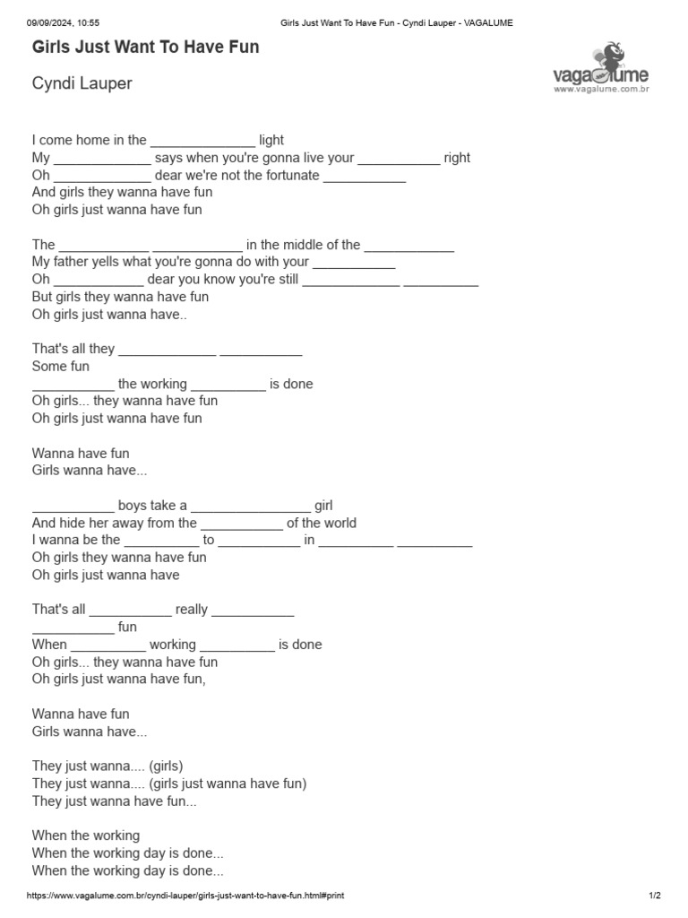 Girls Just Want to Have Fun Lyrics | PDF