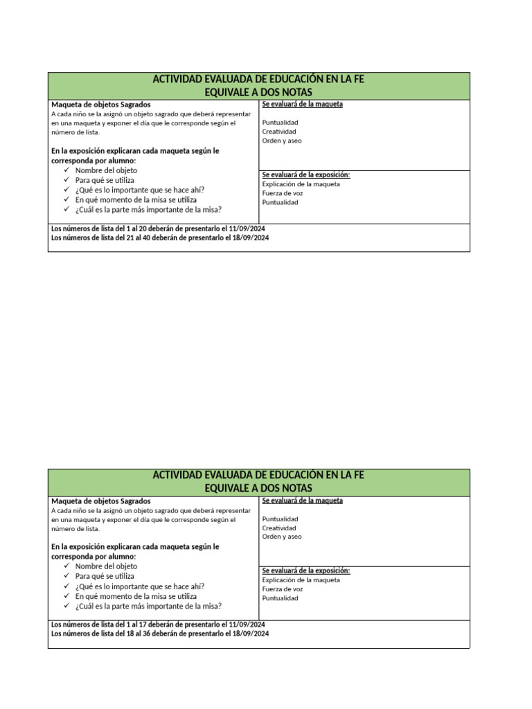 Actividad Evaluada de Educación en La Fe Rubrica | PDF