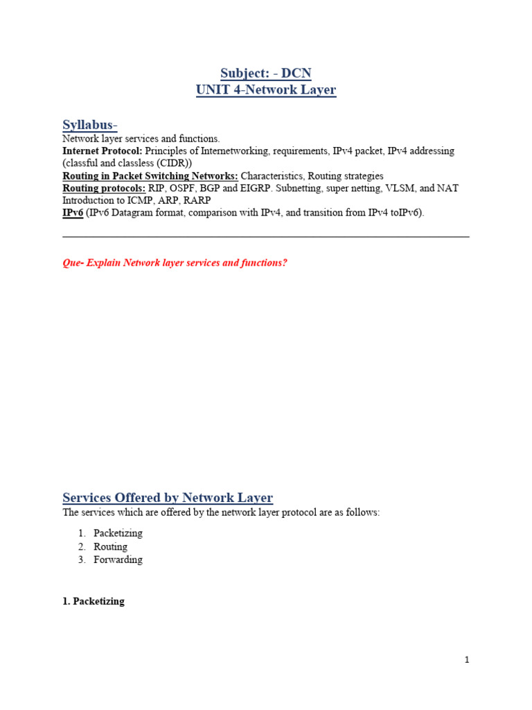 Dcn Unit 4 Network Layer Notes Pdf