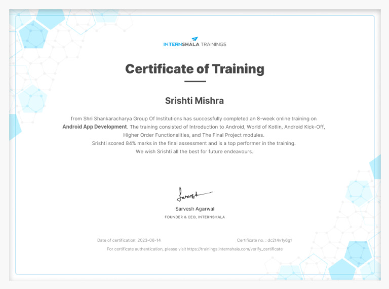 Android App Development Training - Certificate of Completion | PDF