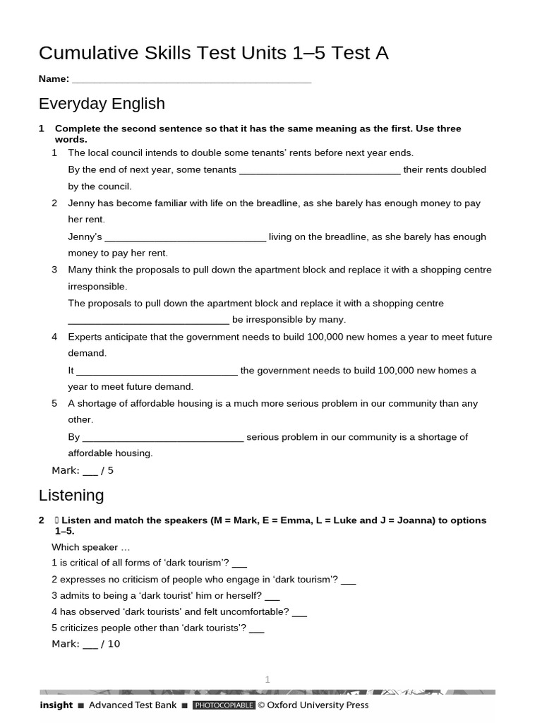 Cumulative Skills Test Units 1-5 Test A | PDF