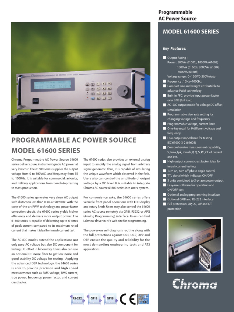 Datasheet - Chroma - Power Programmable AC Source Modelo 61602 | PDF