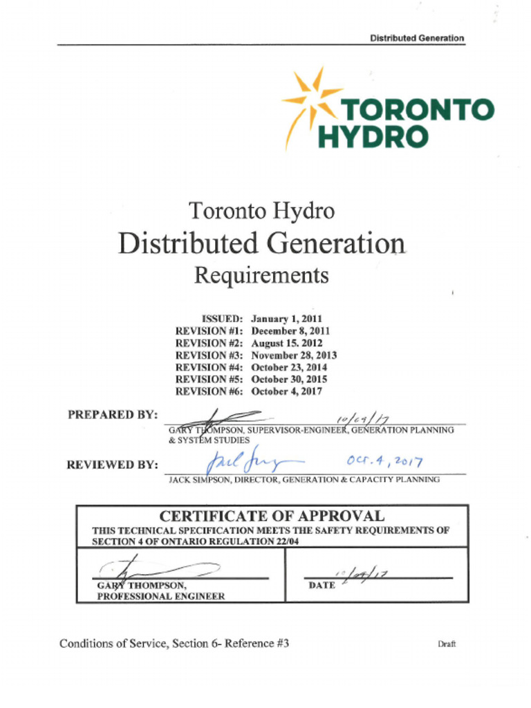 Toronto Hydro Distribution Generation Requirments | PDF
