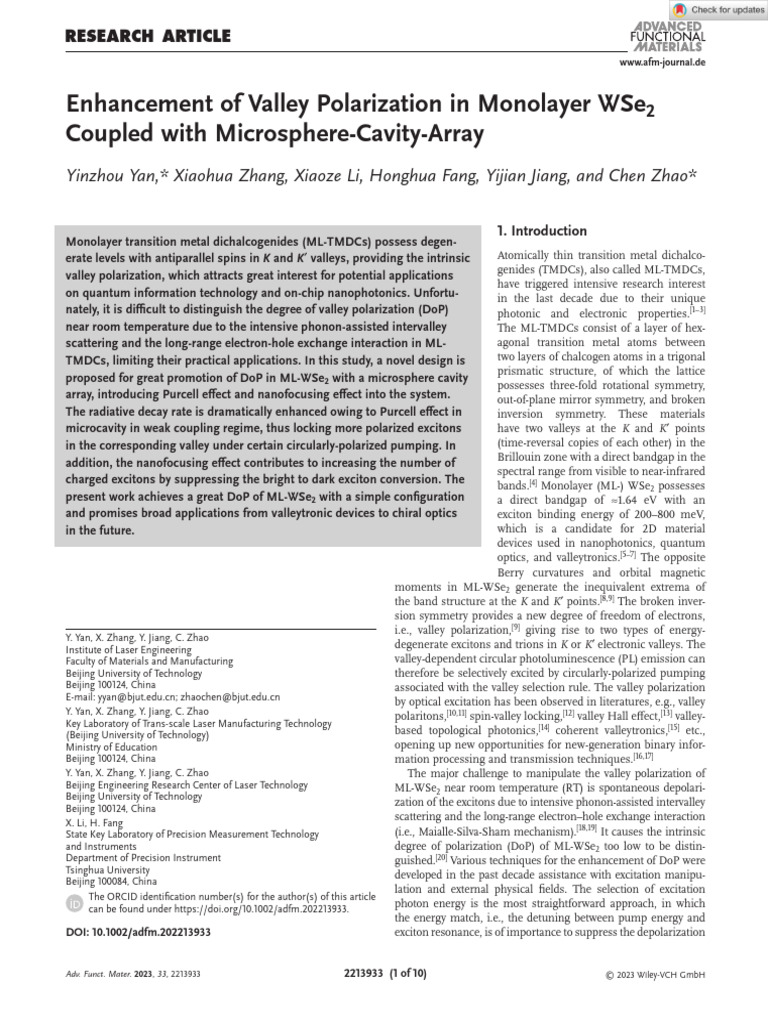 Adv Funct Materials - 2023 - Yan - Enhancement of Valley Polarization in Monolayer WSe2 Coupled ...