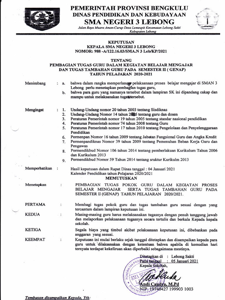 SK Pembagian Tugas Semester Genap 2020 2021 An. Nuryeri | PDF